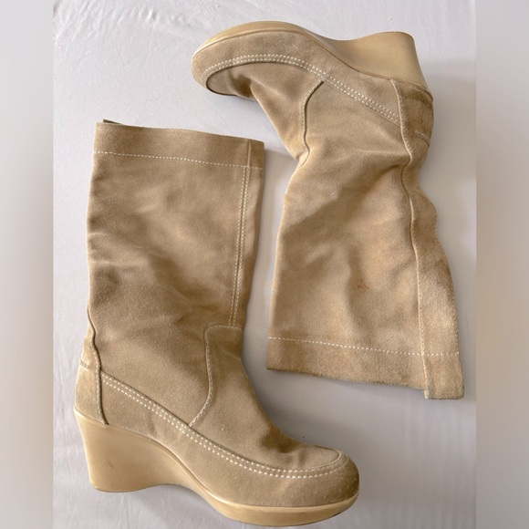 CROCS | Shoes | You By Crocs Tan Suede Tall Wedge Heel Pull On Boots ...